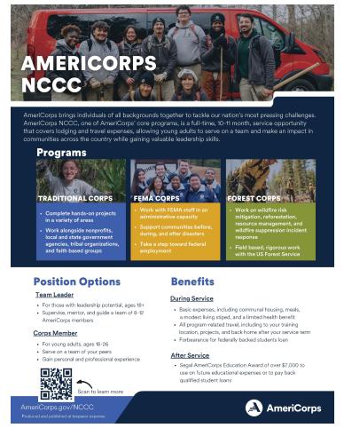AmeriCorps NCCC Recruitment One Pager | AmeriCorps Promotional Items